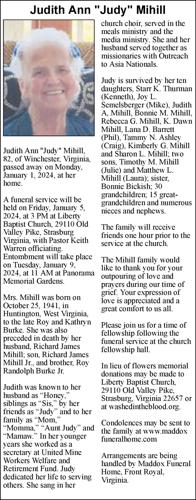 Judith Ann "Judy" Mihill | Obituaries | winchesterstar.com