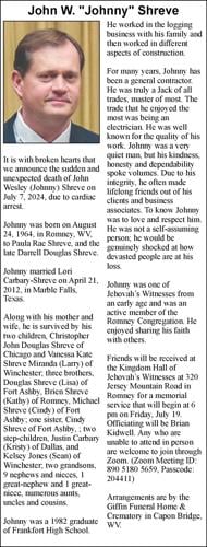 John W. "Johnny" Shreve | Obituaries | winchesterstar.com