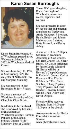 Karen Susan Burroughs | Obituaries | winchesterstar.com