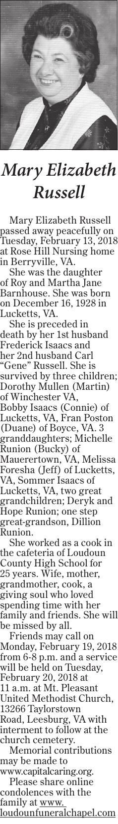 Mary Elizabeth Russell | Obituaries | winchesterstar.com