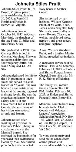 Johnetta Stiles Pruitt | Obituaries | winchesterstar.com