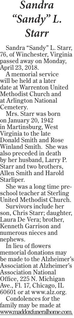 Sandra L. “Sandy” Starr | Obituaries | winchesterstar.com