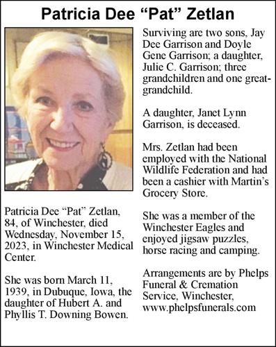 Patricia Dee “Pat” Zetlan | Obituaries | winchesterstar.com