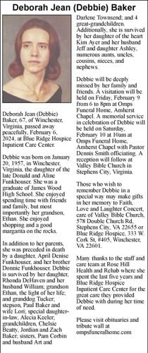 Deborah Jean (Debbie) Baker | Obituaries | winchesterstar.com