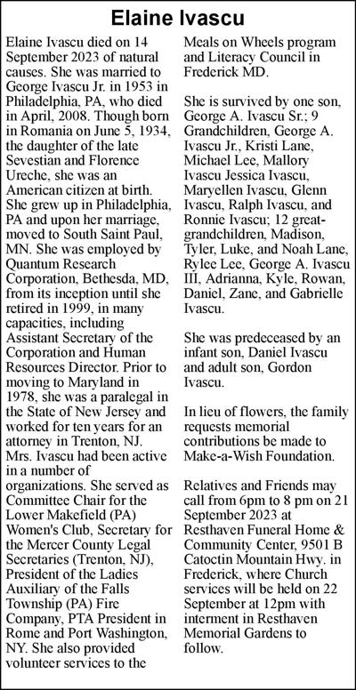 Elaine Ivascu | Obituaries | winchesterstar.com