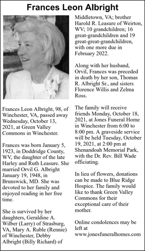 Frances Leon Albright | Obituaries | winchesterstar.com