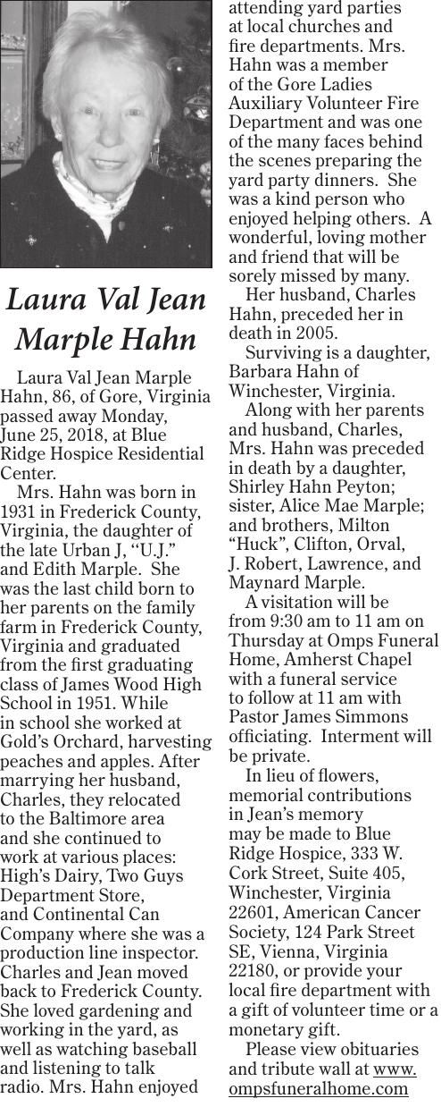 Laura Val Jean Marple Hahn | Obituaries | winchesterstar.com