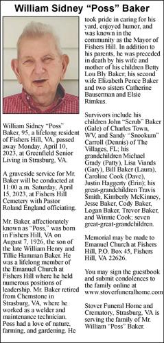 William Sidney “Poss” Baker | Obituaries | winchesterstar.com