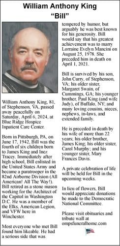 William Anthony King “Bill” | Obituaries | winchesterstar.com
