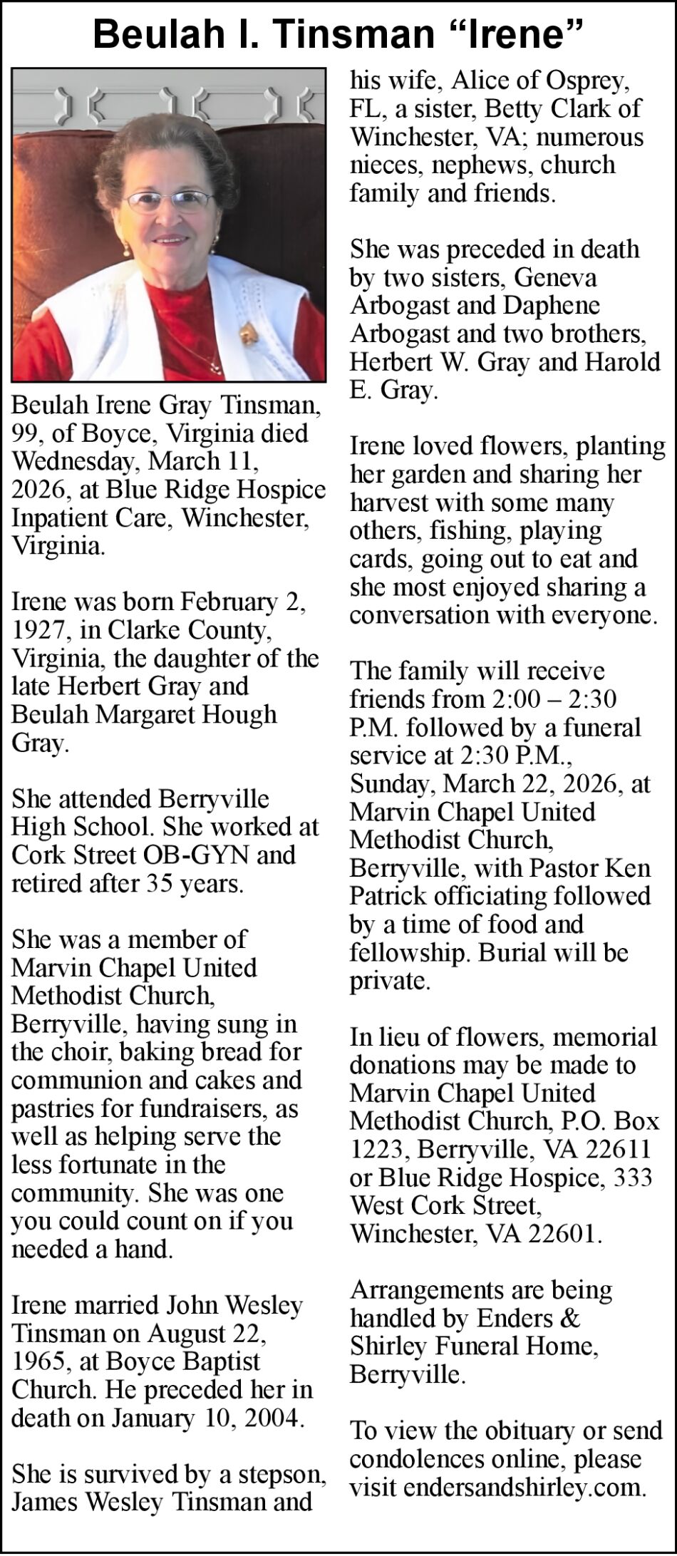 Beulah I. Tinsman “Irene” | Obituaries | winchesterstar.com