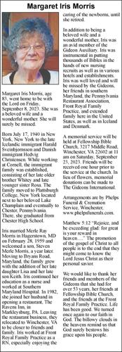 Margaret Iris Morris | Obituaries | winchesterstar.com