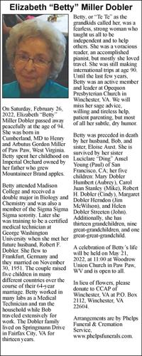 Elizabeth “Betty” Miller Dobler | Obituaries | winchesterstar.com