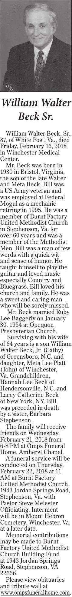 William Walter Beck Sr. | Obituaries | winchesterstar.com