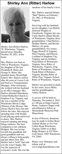 Shirley Ann (Ritter) Harlow | Obituaries | winchesterstar.com