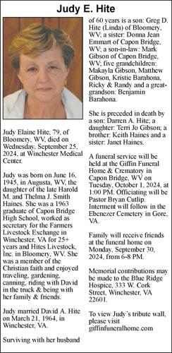 Judy E. Hite | Obituaries | winchesterstar.com