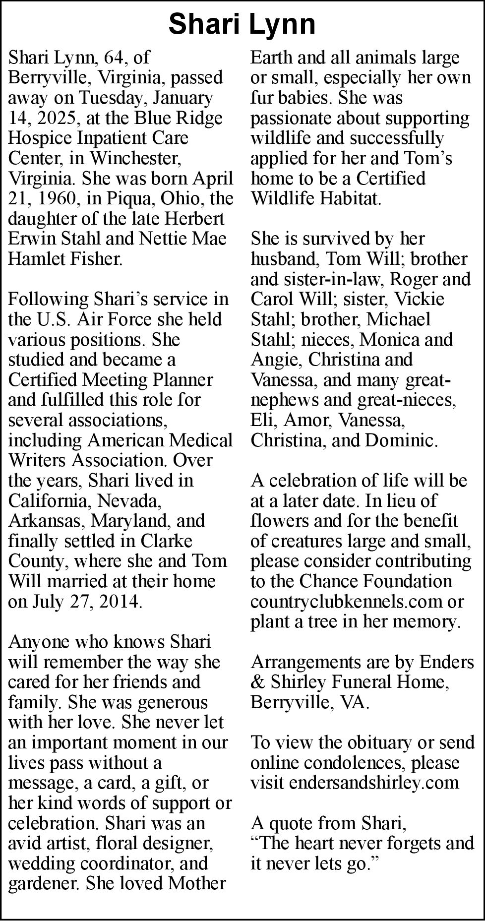 Shari Lynn | Obituaries | winchesterstar.com