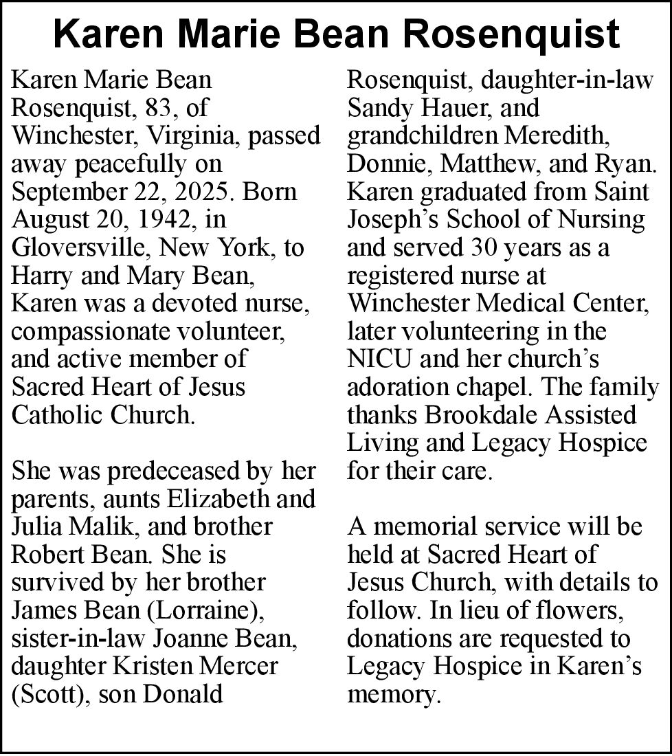Karen Marie Bean Rosenquist | Obituaries | winchesterstar.com