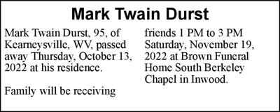 Mark Twain Durst | Obituaries | winchesterstar.com