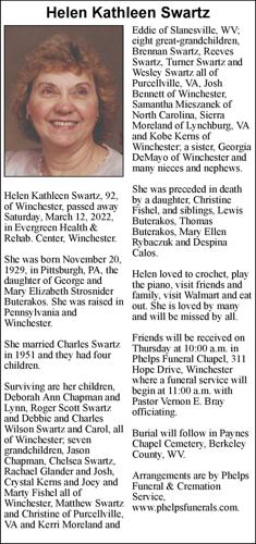 Helen Kathleen Swartz | Obituaries | winchesterstar.com