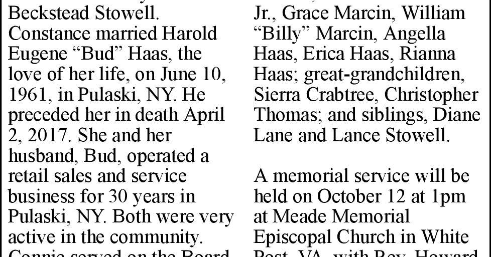 Constance Stowell “Connie” Haas | Obituaries | winchesterstar.com