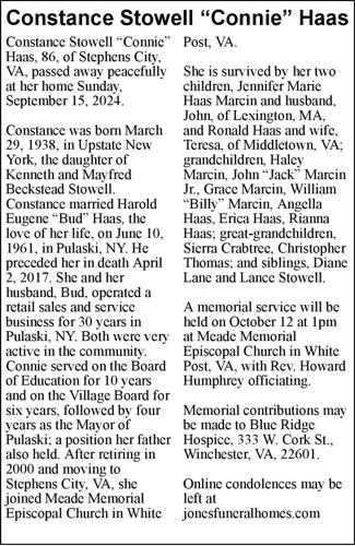 Constance Stowell “Connie” Haas | Obituaries | winchesterstar.com