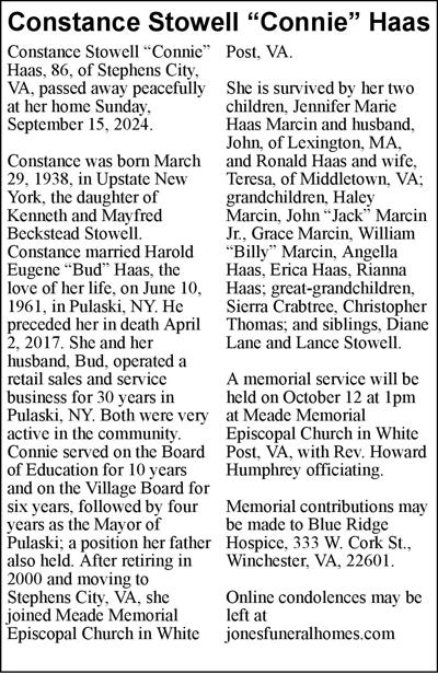 Constance Stowell “Connie” Haas | Obituaries | winchesterstar.com