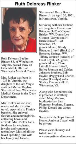 Ruth Deloress Rinker | Obituaries | winchesterstar.com