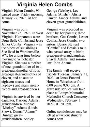 Virginia Helen Combs | Obituaries | winchesterstar.com