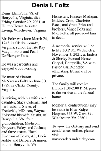 Denis I. Foltz | Obituaries | winchesterstar.com