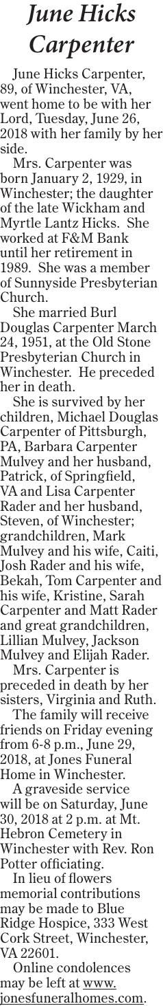 June Hicks Carpenter | Obituaries | winchesterstar.com