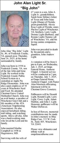 John Alan Light Sr. “Big John” | Obituaries | winchesterstar.com