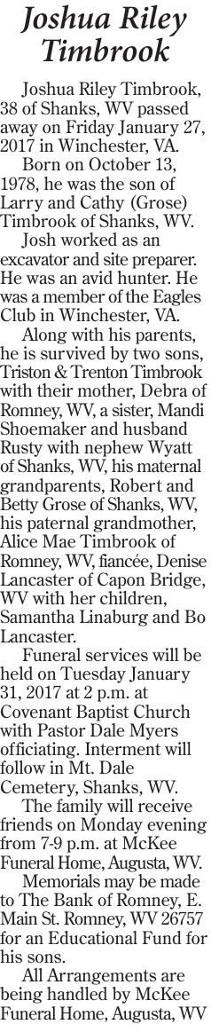 Joshua Riley Timbrook | Obituaries | winchesterstar.com