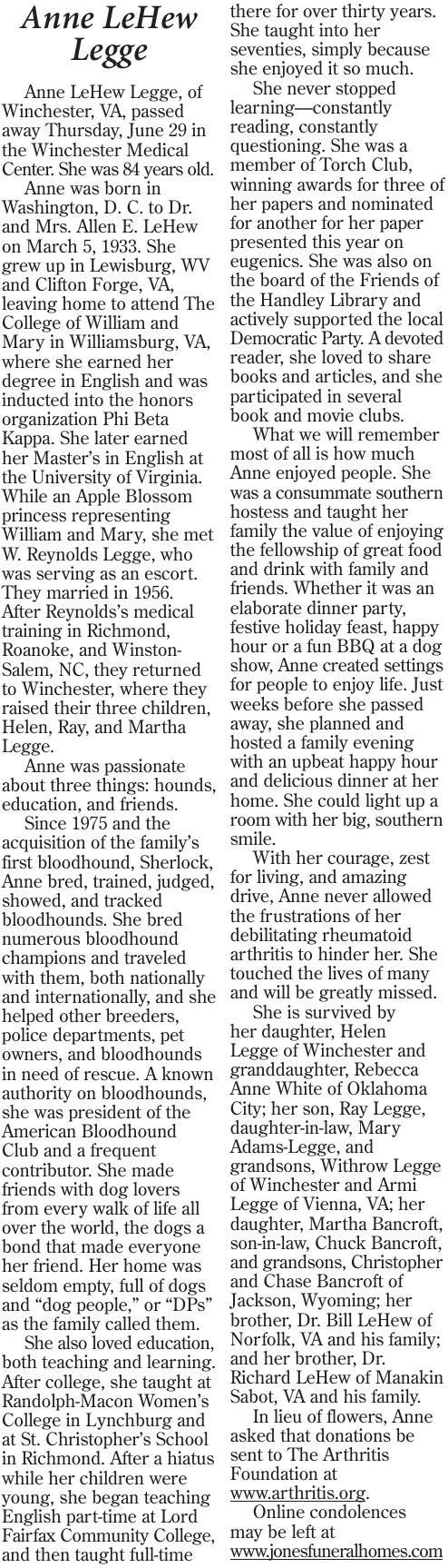 Anne LeHew Legge | Obituaries | winchesterstar.com