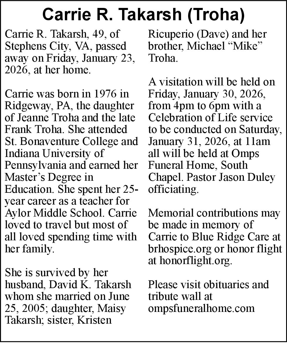 Carrie R. Takarsh (Troha) | Obituaries | winchesterstar.com