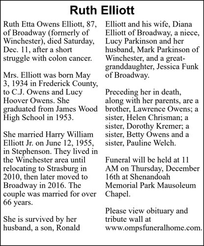Ruth Elliott | Obituaries | winchesterstar.com