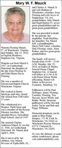 Mary W. F. Mauck | Obituaries | winchesterstar.com