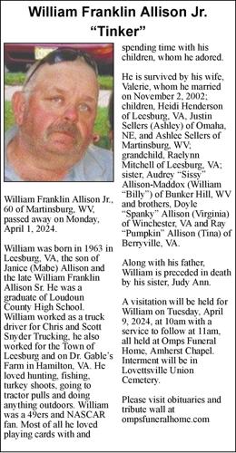 William Franklin Allison Jr. “Tinker” | Obituaries | winchesterstar.com