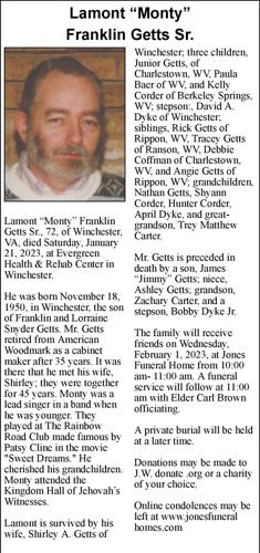 Lamont “Monty” Franklin Getts Sr. | Obituaries | winchesterstar.com