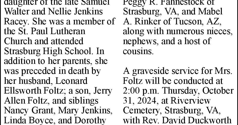 Grace Marie Racey Foltz | Obituaries | winchesterstar.com