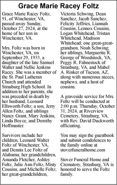 Grace Marie Racey Foltz | Obituaries | winchesterstar.com