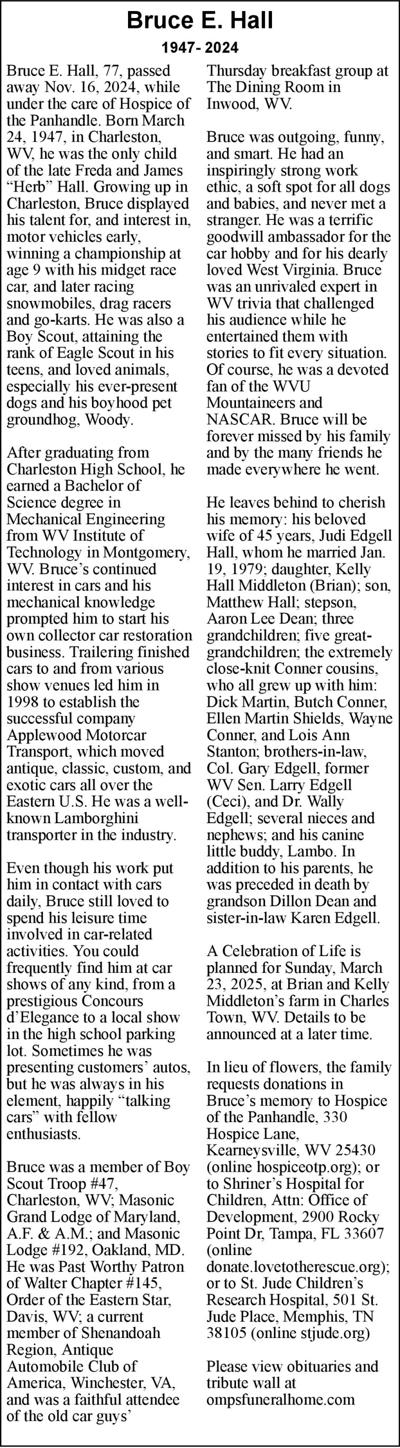 Bruce E. Hall 1947- 2024 | Obituaries | winchesterstar.com