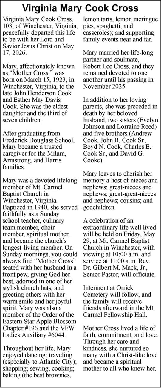 Virginia Mary Cook Cross | Obituaries | winchesterstar.com