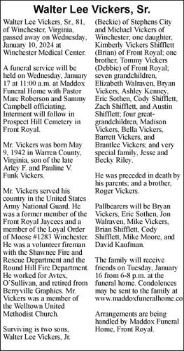 Walter Lee Vickers, Sr. | Obituaries | winchesterstar.com