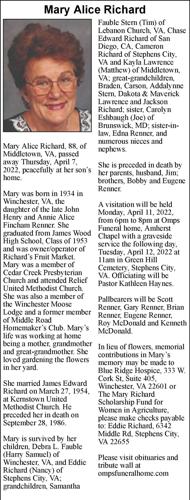 Mary Alice Richard | Obituaries | winchesterstar.com