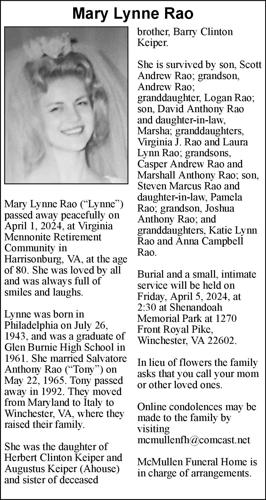 Mary Lynne Rao | Obituaries | winchesterstar.com