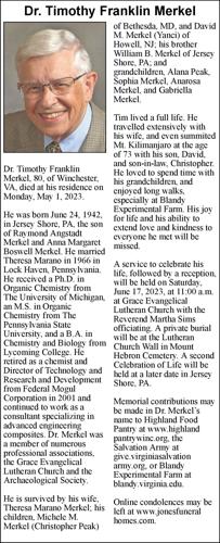 Dr. Timothy Franklin Merkel | Obituaries | winchesterstar.com