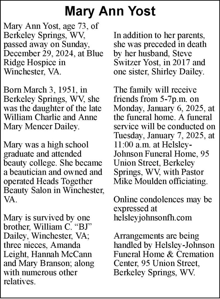 Mary Ann Yost | Obituaries | winchesterstar.com