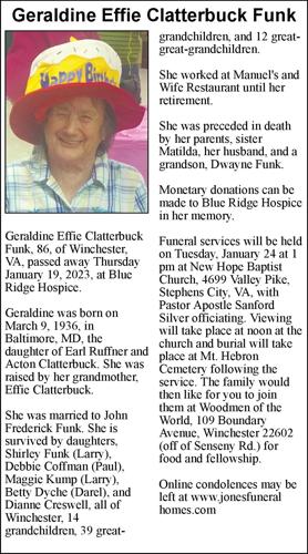 Geraldine Effie Clatterbuck Funk | Obituaries | winchesterstar.com