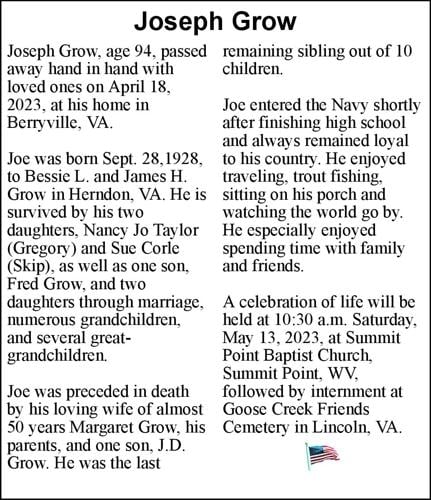Joseph Grow | Obituaries | winchesterstar.com