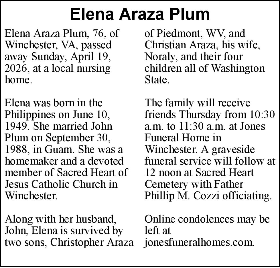 Elena Araza Plum | Obituaries | winchesterstar.com